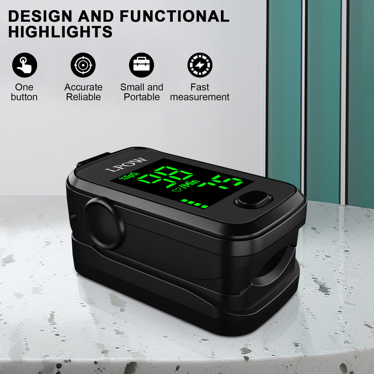 LPOW Fingertip Pulse Oximeter, Oxygen Level Pulse Rate, Includes Batte ...