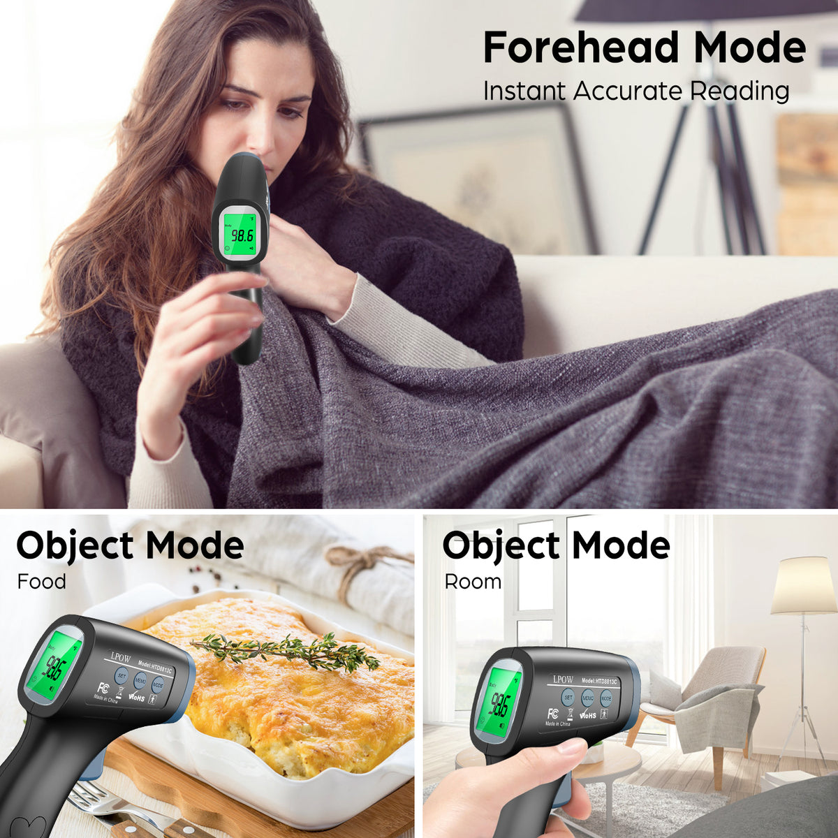 LPOW Infrared Digital Forehead Thermometer, 1s Reading, 3 Colors Backl ...