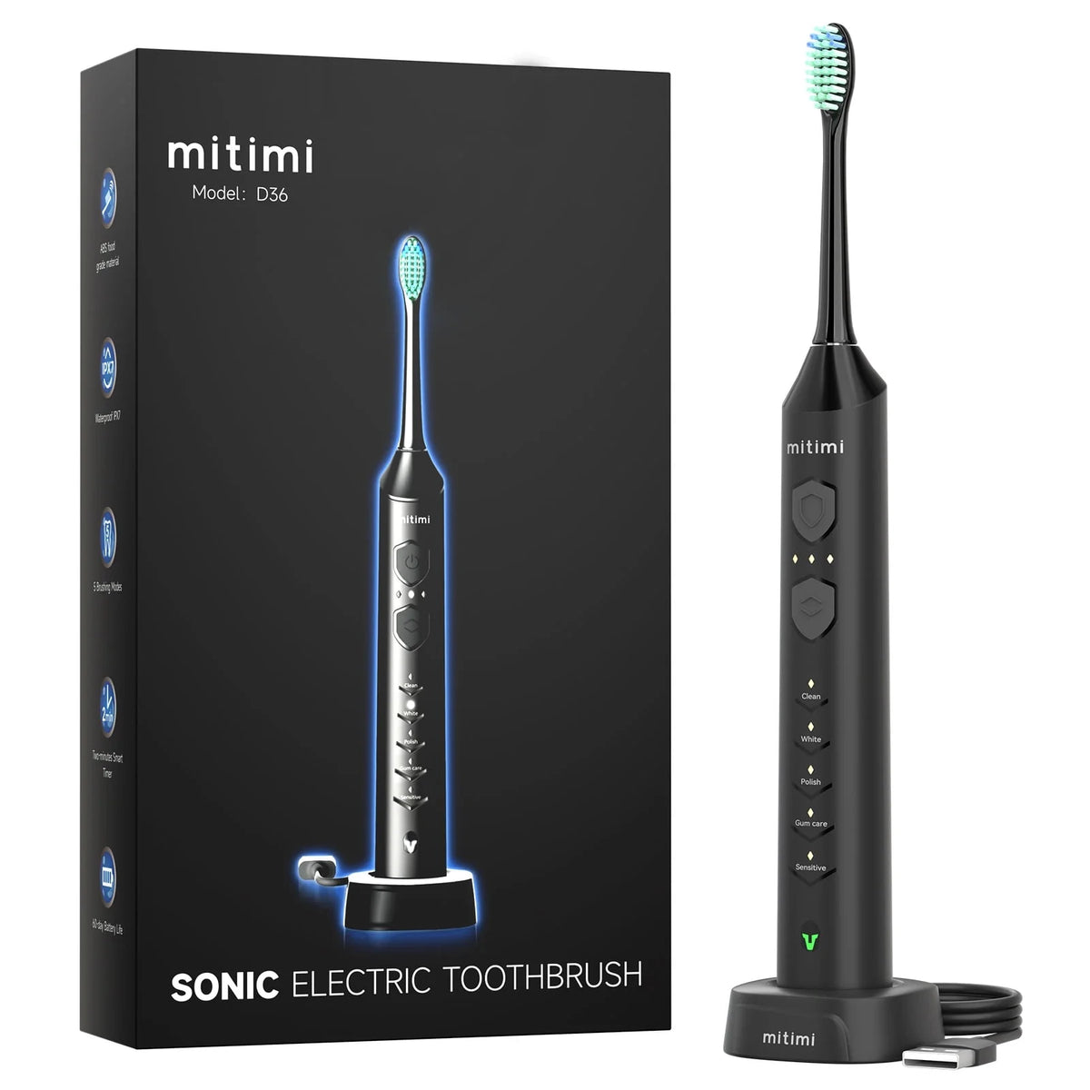 Mitimi D36 Sonic Electric Toothbrush with 3 Intensity Levels & 5 Modes – Metene