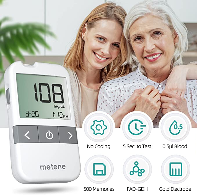 Metene AGM-513S Glucose Monitor Kit, 100 Glucometer Strips, 100 Lancet